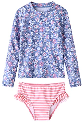UMELOK Toddler Girls Rashguard Set Swimwear 2-Pieces Long Sleeve Bathing Suit Swimsuit Sets Light Purple/Pink, Floral/Stripe 5T