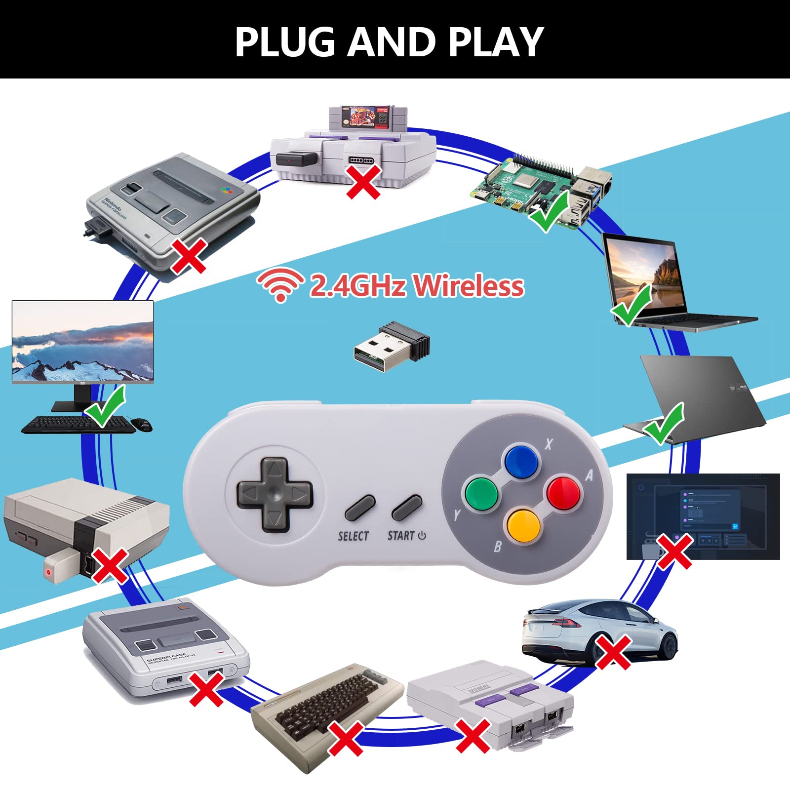 miadore Wireless SNES USB Controller Classic Gamepad Joystick with USB Receiver/Rechargeable Cable for PC Windows Mac and Raspberry Pi Retropie Emulator (colour key)