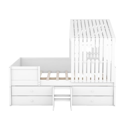 DRELOFT Full Size Low Loft Bed, Wooden House Shaped Loft Bed Frame with 4 Storage Drawers for Kids Teens Boys Girls, Easy Assembly, No Box Spring Needed, White