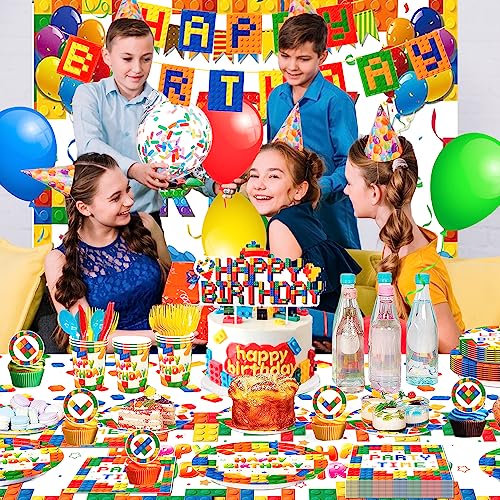 Building Blocks Birthday Party Supplies,114pcs Building Block Party Decorations&Building Blocks Tableware Set - Building Blocks Party Plates Napkins Backdrop Balloons etc Building Block Party Supplies