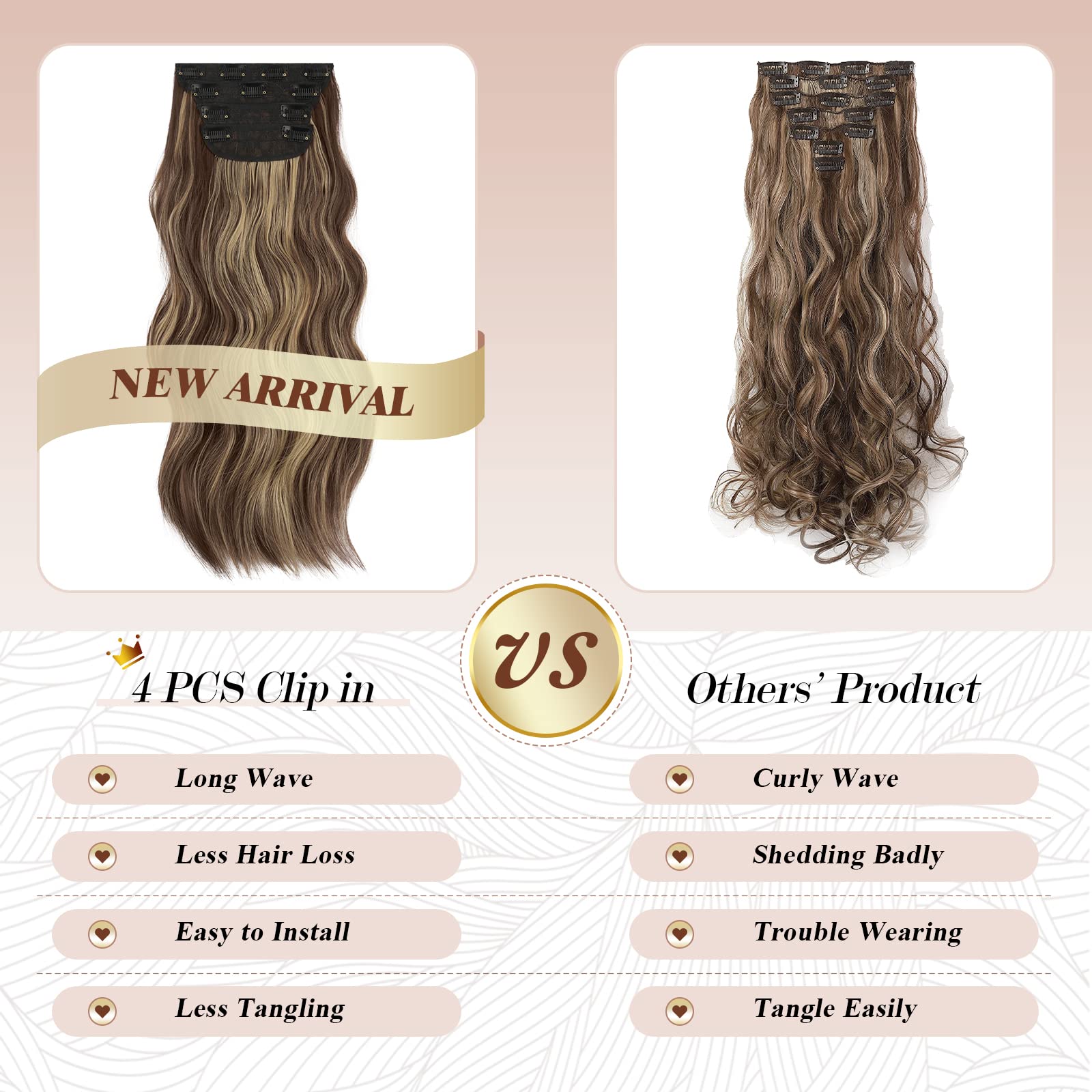 FESHFEN Clip in Hair Extensions 4 PCS Long Wavy Thick Highlighted Hair Piece Clip in Extensions Synthetic Hair Extension for Women, Blonde Highlighteded Medium Brown 20 Inch