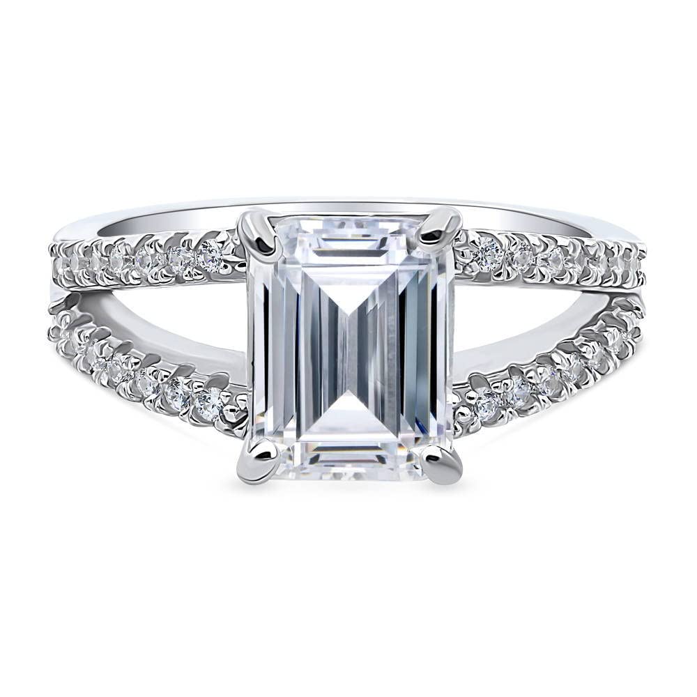 BERRICLE Sterling Silver Solitaire Wedding Engagement Rings 2.6 Carat Emerald Cut Cubic Zirconia CZ Cocktail Promise Split Shank Ring for Women, Rhodium Plated Size 7