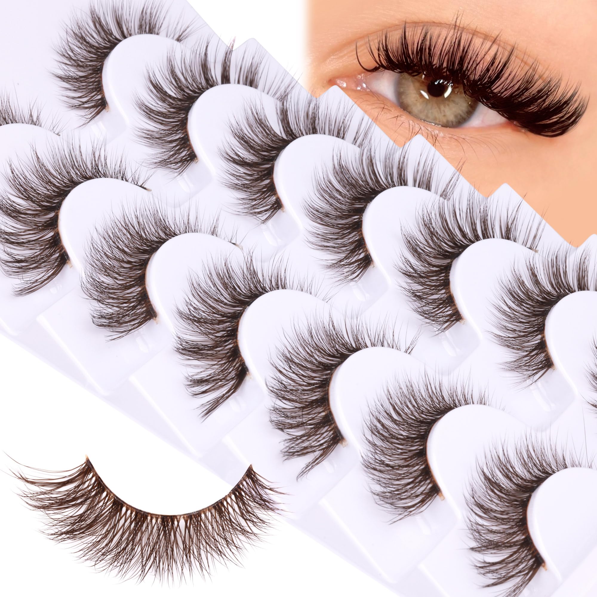Brown Lashes False Eyelashes Mink Lashes Natural Look Fluffy Wispy Eyelashes Dark Brown Eyelashes Clear Band Lashes Pack by GVEFETIEE 7 Pairs