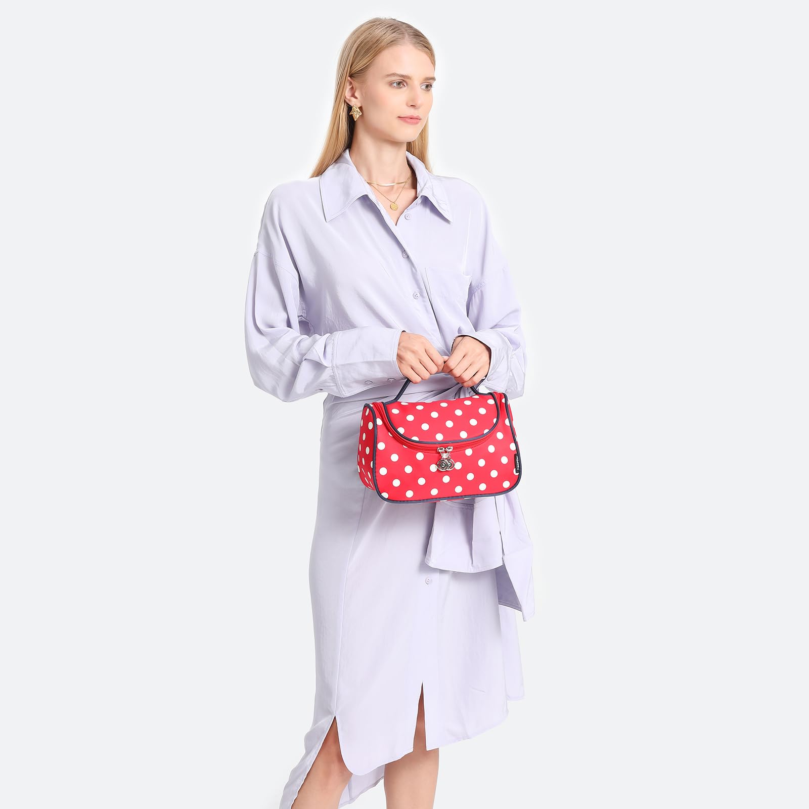 Yeiotsy Travel Makeup Bag Cute, Stylish Polka Dots Cosmetic Bag for Women Hanging Toiletry Bag Organizer (Classic Red)