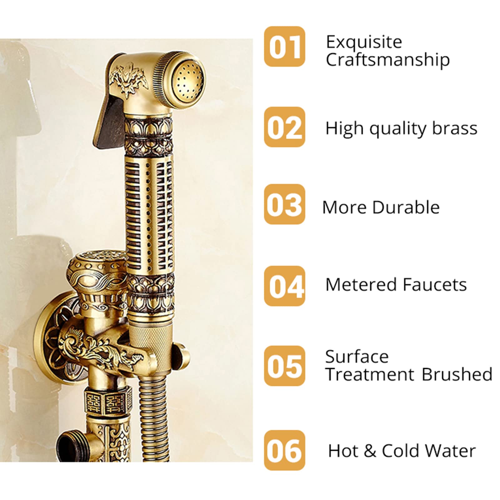 TVBNHU Handheld Toilet Bidet Sprayer, Antique Brass Bathroom Bidet Attachment Set, Wall Mounted Handheld Cloth Diaper Sprayer Kit, Single Cold Bidet Faucet,A