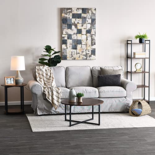 Household Essentials Jamestown Round Coffee Table Mid Century Walnut Wood Grain and Black Metal