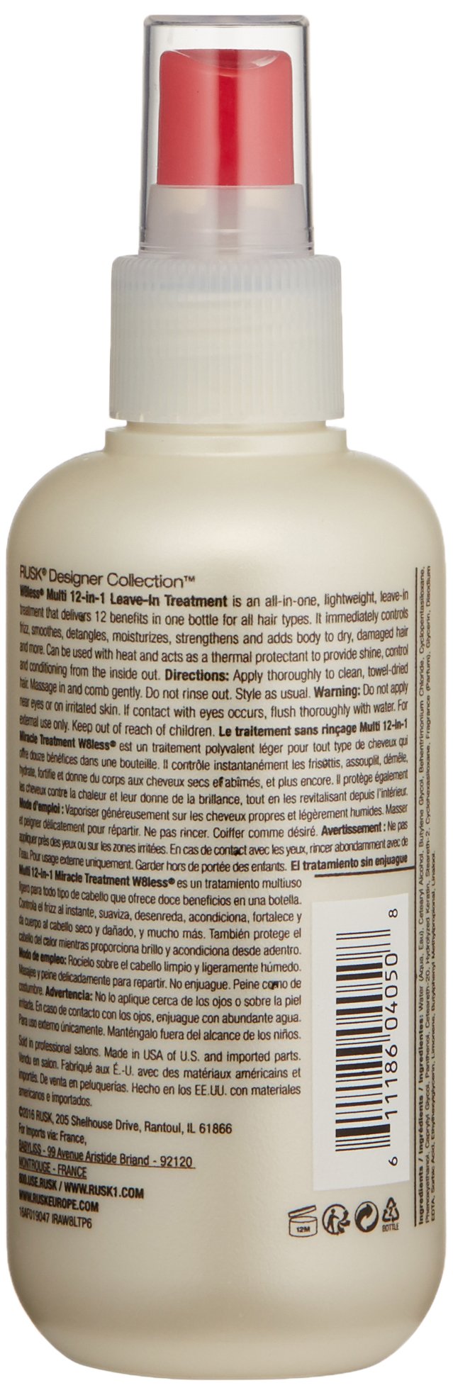 RUSK Designer Collection Multi 12 In 1 W8less Miracle Leave in Treatment, 6 Oz, Versatile Styling Product, Adds Shine, Smoothest, Detangles, Controls Frizz, and Protects Haircolor