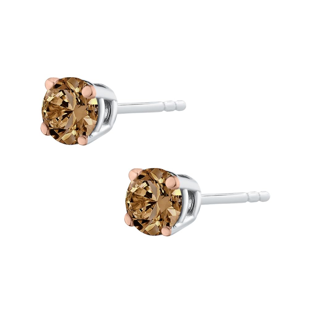 Brown Round Brilliant Cut Diamond Earring Studs in 14K White Gold (3/4 cttw)