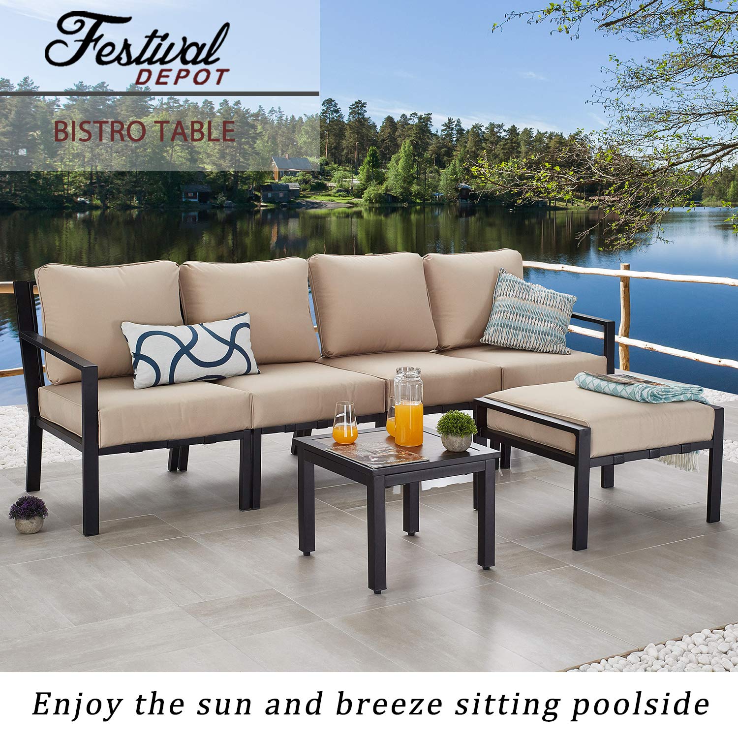 Festival Depot Patio Side Table Metal Coffee Table Table All Weather Outdoor Furniture for Bistro Porch Deck (Square)