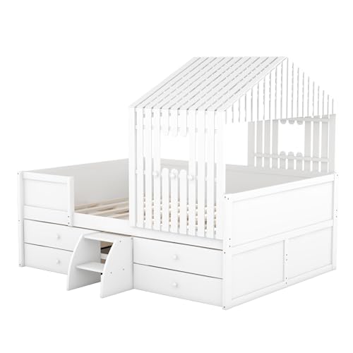 DRELOFT Full Size Low Loft Bed, Wooden House Shaped Loft Bed Frame with 4 Storage Drawers for Kids Teens Boys Girls, Easy Assembly, No Box Spring Needed, White