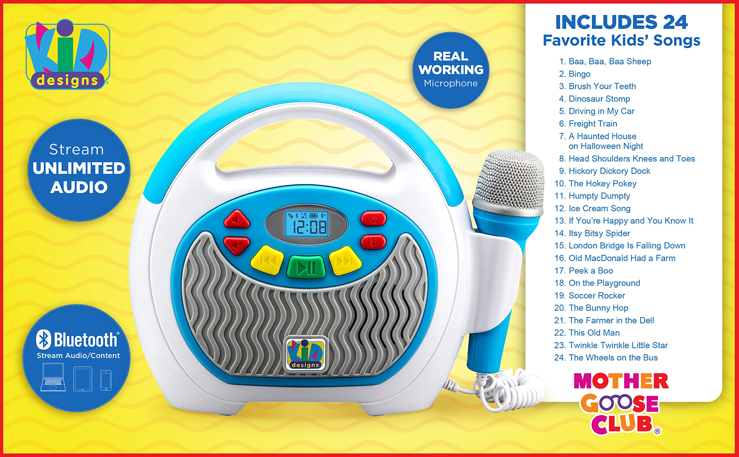 eKids KIDdesigns Mother Goose Club Bluetooth Sing Along Portable MP3 Player Real Mic 24 Songs