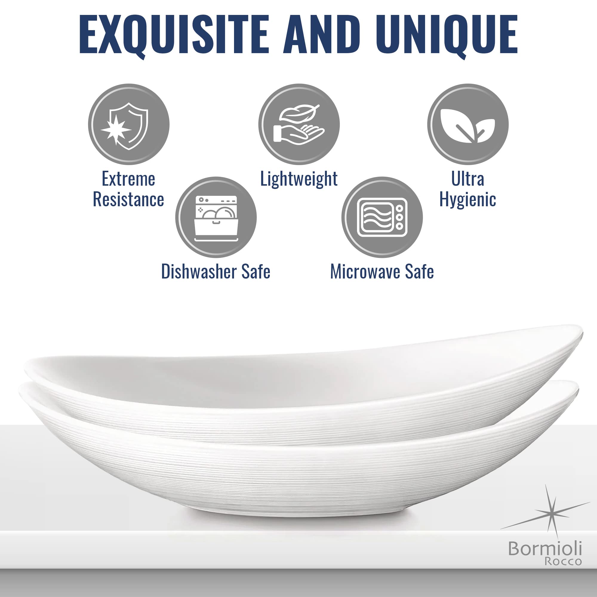 Bormioli Rocco Prometeo Set Of 6 Pasta Bowls, 9" X 7.75" Tempered Opal Glass, Clean White, Curved Design With External Textures Dinnerware.