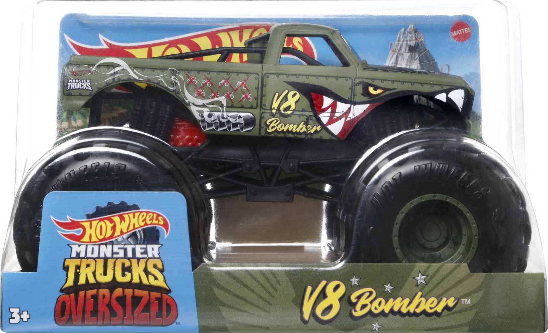 Hot Wheels Monster Truck 1:24 Scale Green Bomber Vehicle with Giant Wheels for Kids Age 3 to 8 Years Old Great Gift Toy Trucks Large Scale