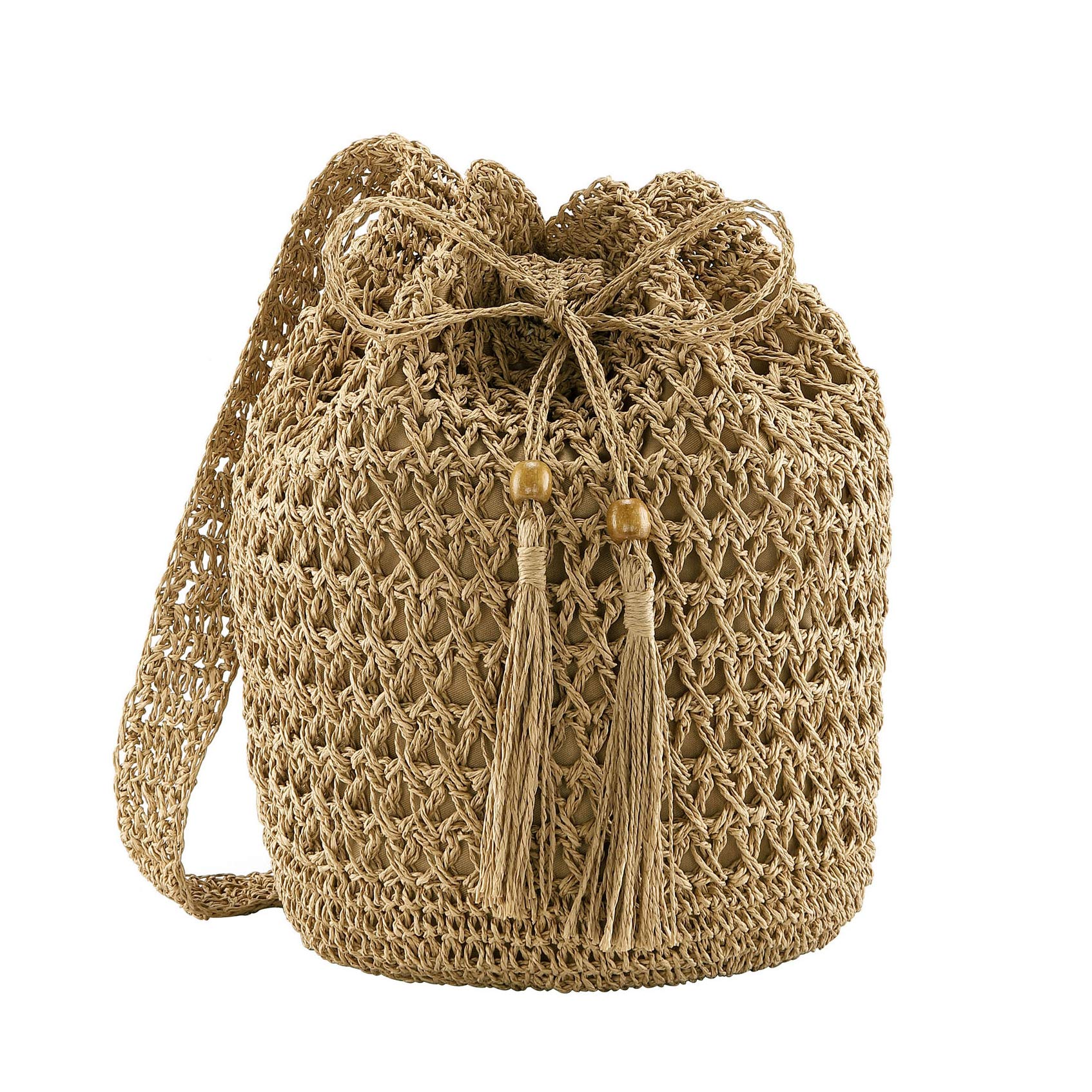 Ayliss Women Beach Handbag Straw Crossbody Shoulder Handbag Summer Beach Handmade Woven Bucket Bag Drawstring with Tassel (Khaki)