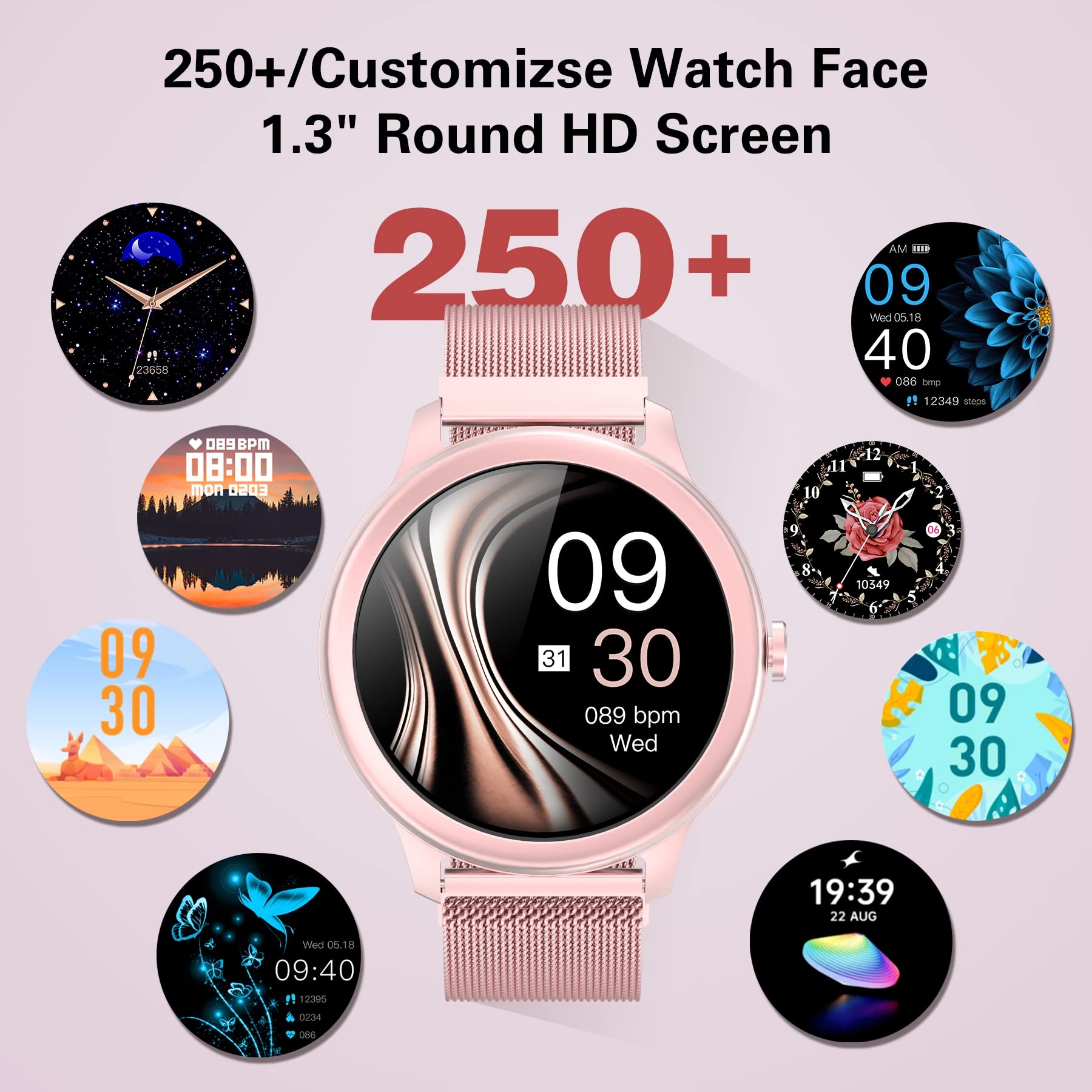 BRIBEJAT BT5 Smart Watch for Women Compatible Samsung iPhone Android Phones(Dial/Answer Calls) Voice Assistant, Aluminum Case, Pink
