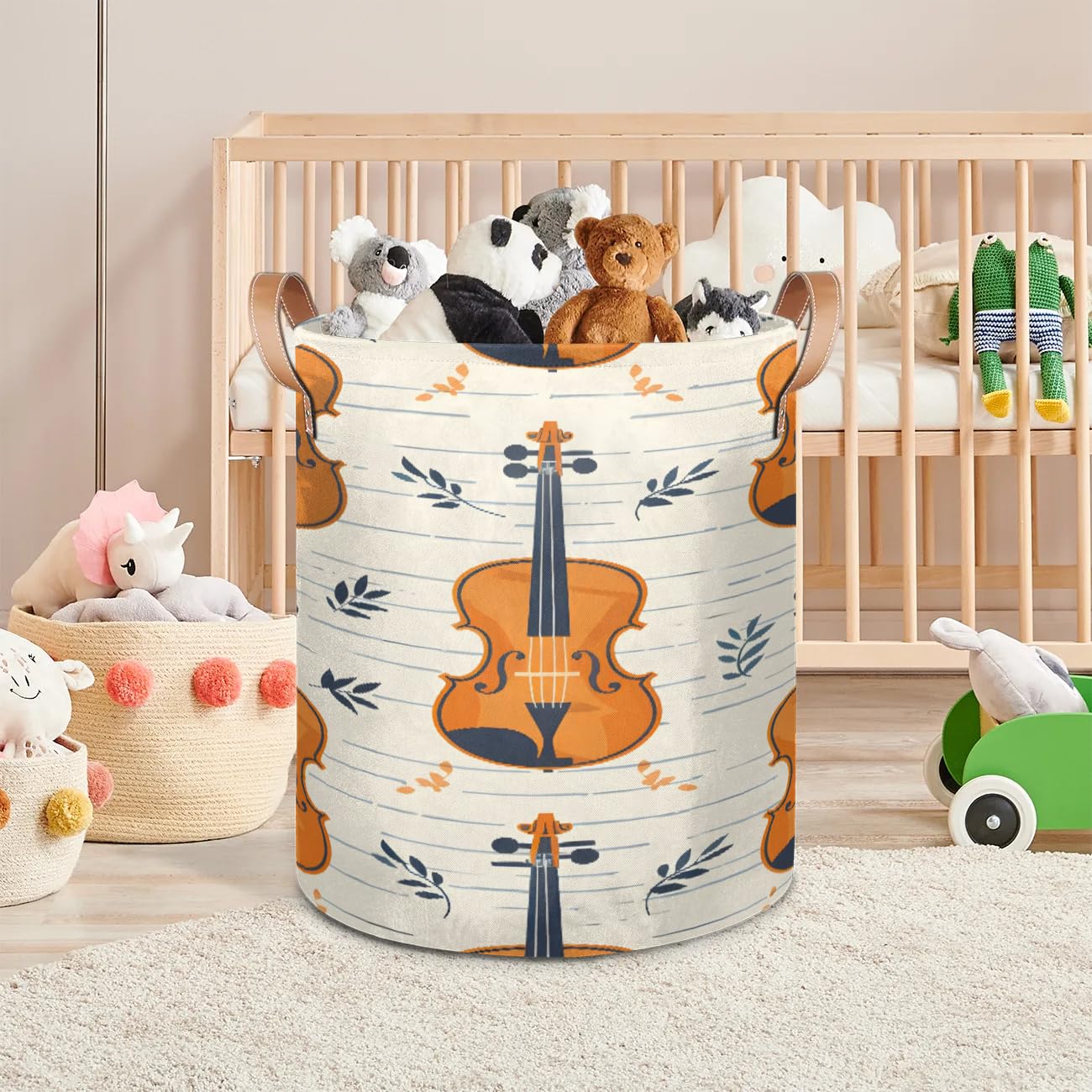 Custom Round Collapsible Laundry Baskets Violin Leaves Customized Large Toy Basket Personalize Hamper Dorm Bathroom Playroom Room Decor 16x20.8 Inch