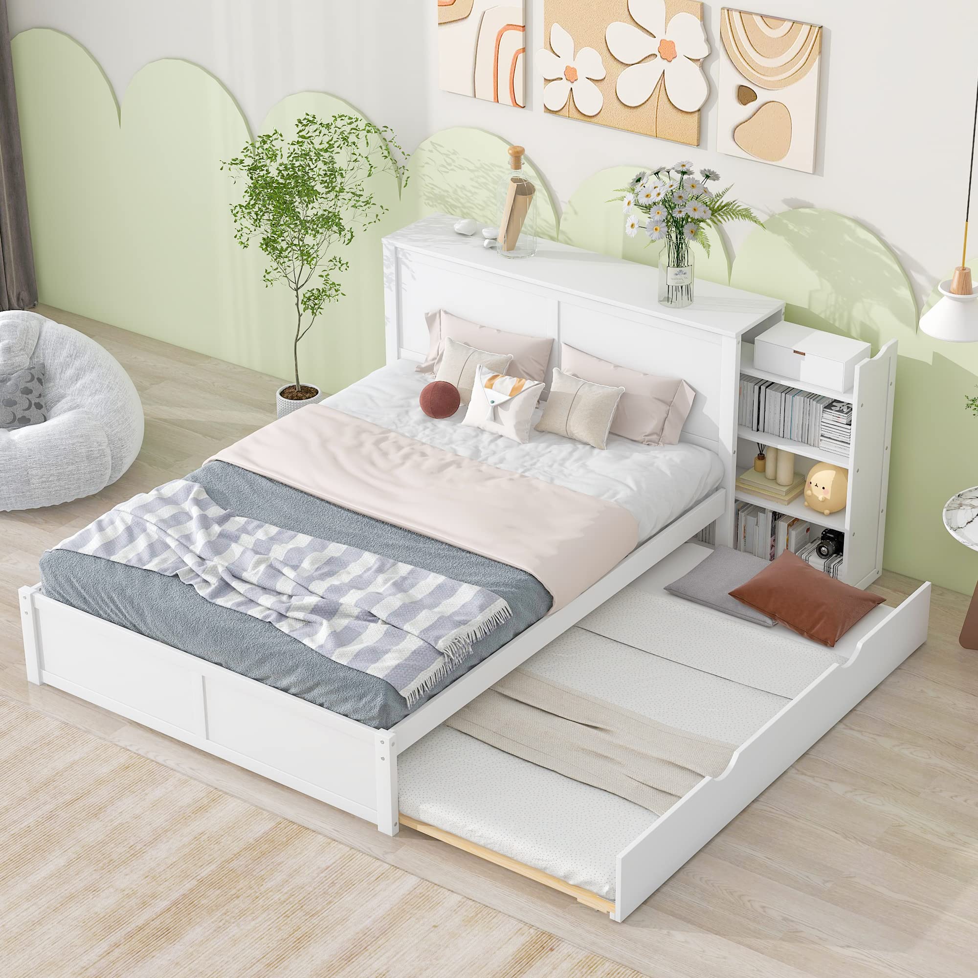 DRELOFT Storage Platform Bed Frame Queen with Pull Out Shelves and Twin XL Size Trundle, Wooden Platform Bed with Storage Headboard for Bedroom, No Box Spring Needed, Easy Assembly, White