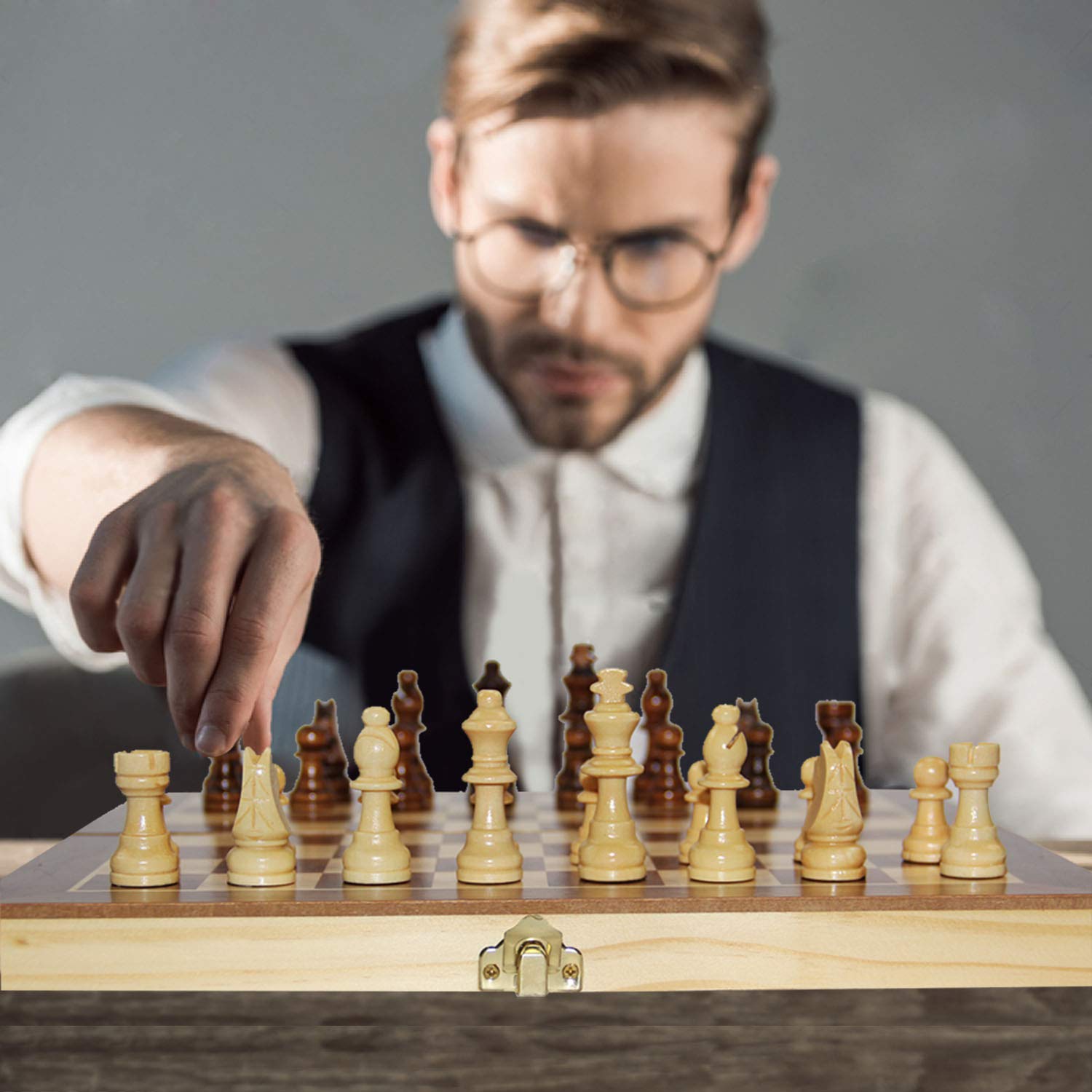 ASNEY Upgraded Magnetic Chess Set, 12β x 12β Folding Wooden Chess Set with Magnetic Crafted Chess Pieces, Chess Game Board Set with Storage Slots, Includes Extra Kings, Queens and Carry Bag
