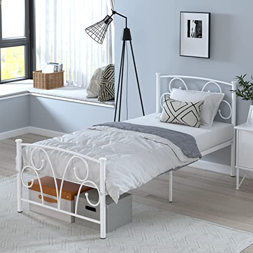 Elephance Twin Bed Frame with Headboard, Metal Platform Bed Frame with 12 Inch Storage Space No Box Spring Needed (White)