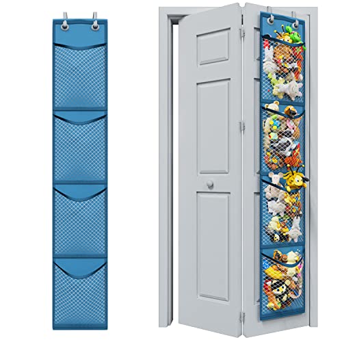 Storage for Stuffed Animals - 12 Inch wide Slim Over Door Organizer for Stuffies, Bi-Fold Door closet, Baby Accessories, Toy Plush Storage / Easy Instal with Breathable Hanging Storage Pockets BLUE