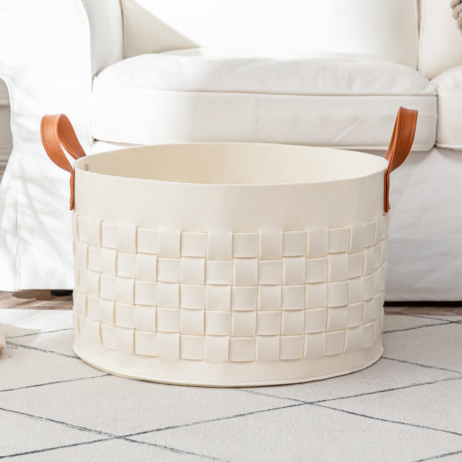 BOLDMONEKY Blankets Basket 20βx20βx11.8β, Large Round Laundry Hamper with Leather Handle, Soft Dog Toy Woven Basket for Storage-Beige