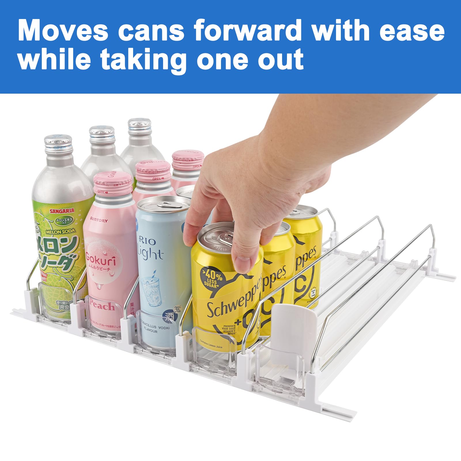 Drink Dispenser for Fridge, Self-Pushing Soda Can Organizer for Refrigerator, Width Adjustable Beverage Pusher Glide, Beer Pop Can Water Bottle Storage for Pantry, Kitchen - 5 Row (White, 380-5)