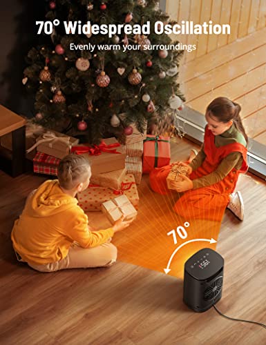 Space Heater, Portable Ceramic Heater with Thermostat, LED Display, PARIS RHÔNE 70°Oscillating Heater with Tip-over & Overheating Protection, 12h Timer, 24h Auto Shut off for Office Bedroom Indoor use
