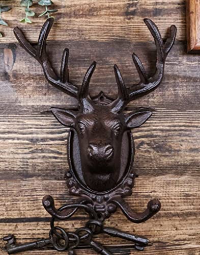 Ebros Cast Iron Vintage Heirloom Western Rustic Stag Deer Antlers Head Wall Double Hooks Decor Plaque 10.5"High Multi-Purpose Coats Hats Keys Scarves Belts Towels Pet Leashes Hangers Elk Antler Hook