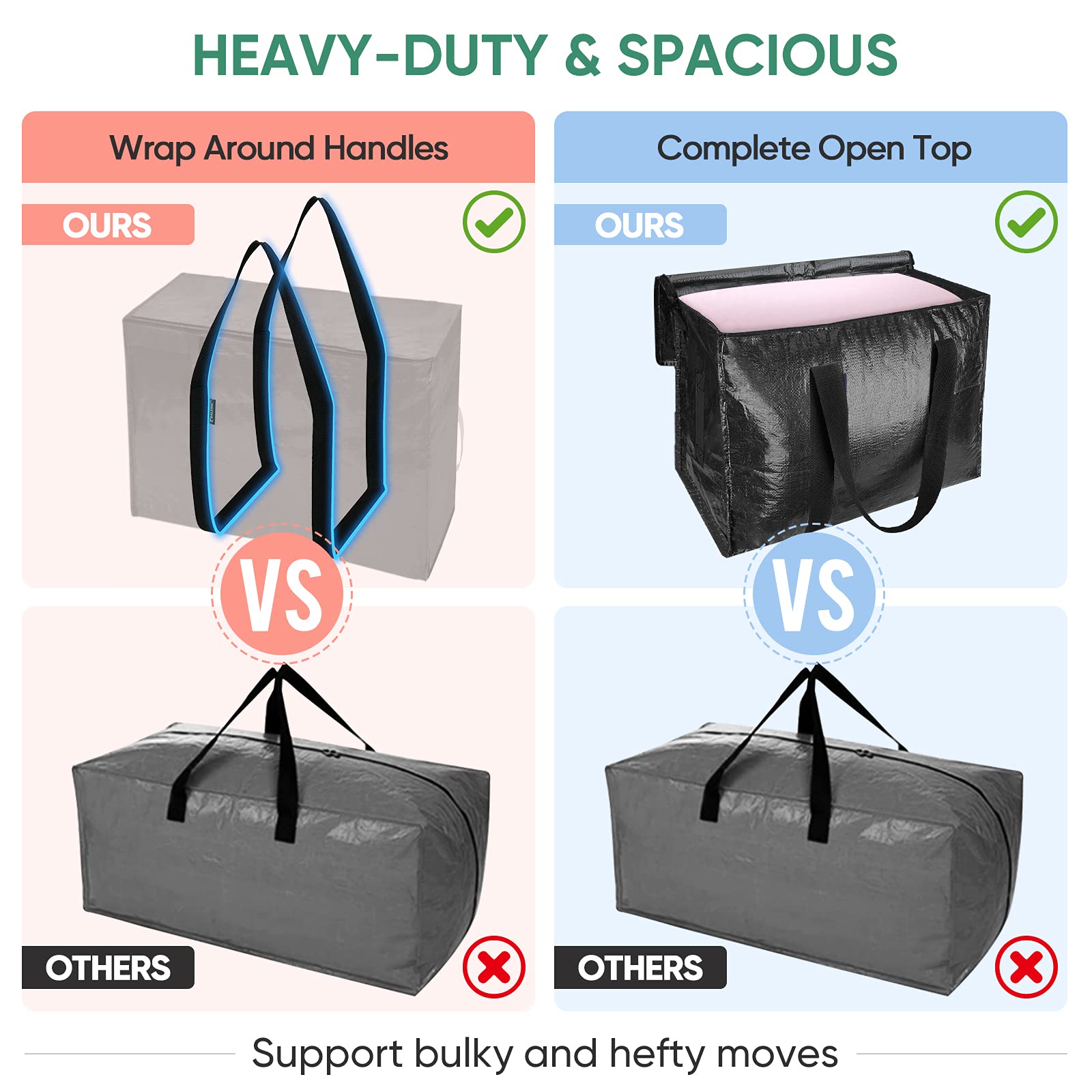 BALEINE 13 Gallon Moving Totes with Reinforced Handles, Heavy-Duty UnderBed Storage Bag for Moving Boxes, Clothes, Travel (6 Pack, Black)