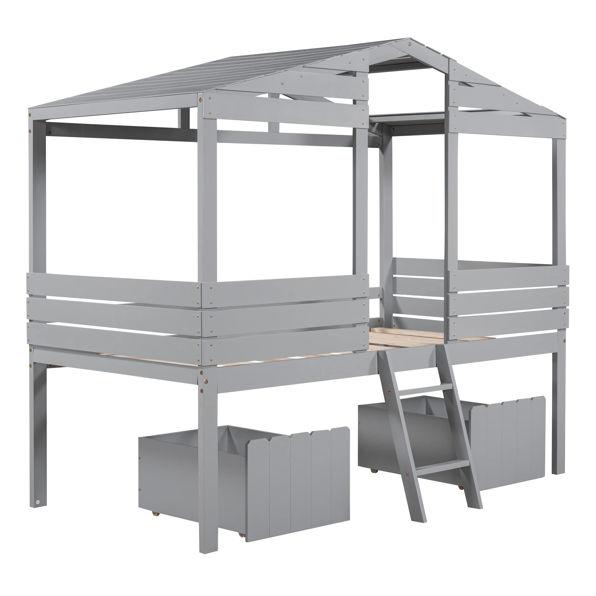 Harper & Bright Designs Low Loft House Bed with Storage, Wood Twin Size Loft Bed Frame with Two Drawers, Ladder, Roof, Windows for Kids Teens, Girls, Boys, No Box Spring Needed (Grey)
