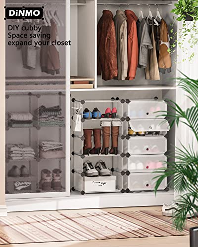 DINMO 10-Tier Shoe Rack with Doors for Entryway, 20 Pairs, Portable Plastic Cubby Shoe Shelves Organizer Unit, DIY Shoe Cabinet, White