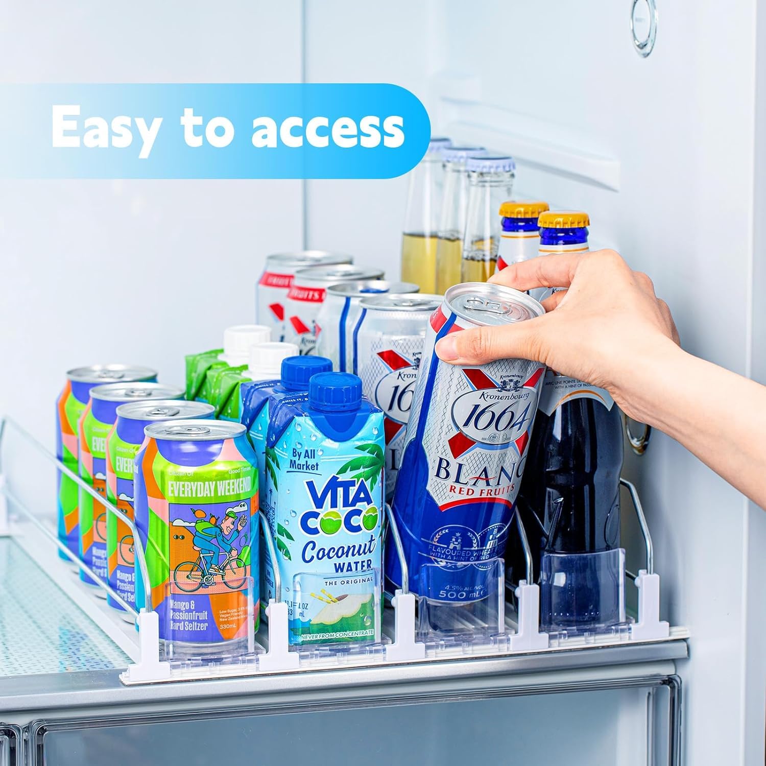 Drink Dispenser for Fridge, Self-Pushing Soda Can Organizer for Refrigerator, Width Adjustable Beverage Pusher Glide, Beer Pop Can Water Bottle Storage for Pantry, Kitchen - 5 Row (White, 380-5)