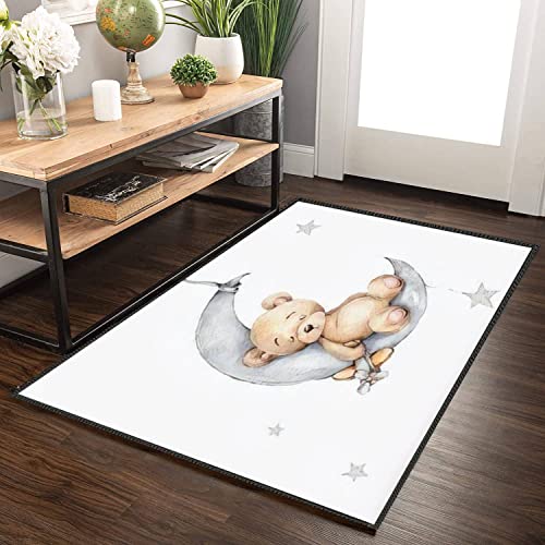 Multi-Theme Soft Anti-Skid Area Rugs Watercolor Hand Draw Brown Bear boy Sleeping on The Moon with Living Room Bedroom Home Kid's Room Door Entrance Decoration Non-Slip Carpet Floor Mats
