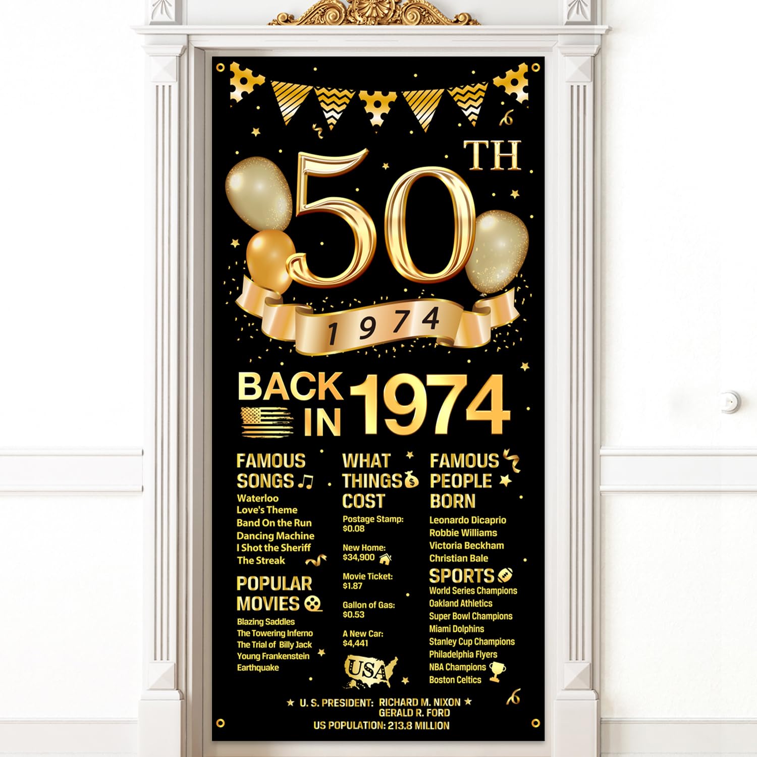 MiCa Direct 50th Birthday Door Cover Banner Decorations, Black Gold Happy 50th Birthday Door Cover Party Supplies, Large Fifty Year Old Birthday Poster Backdrop Sign Decor