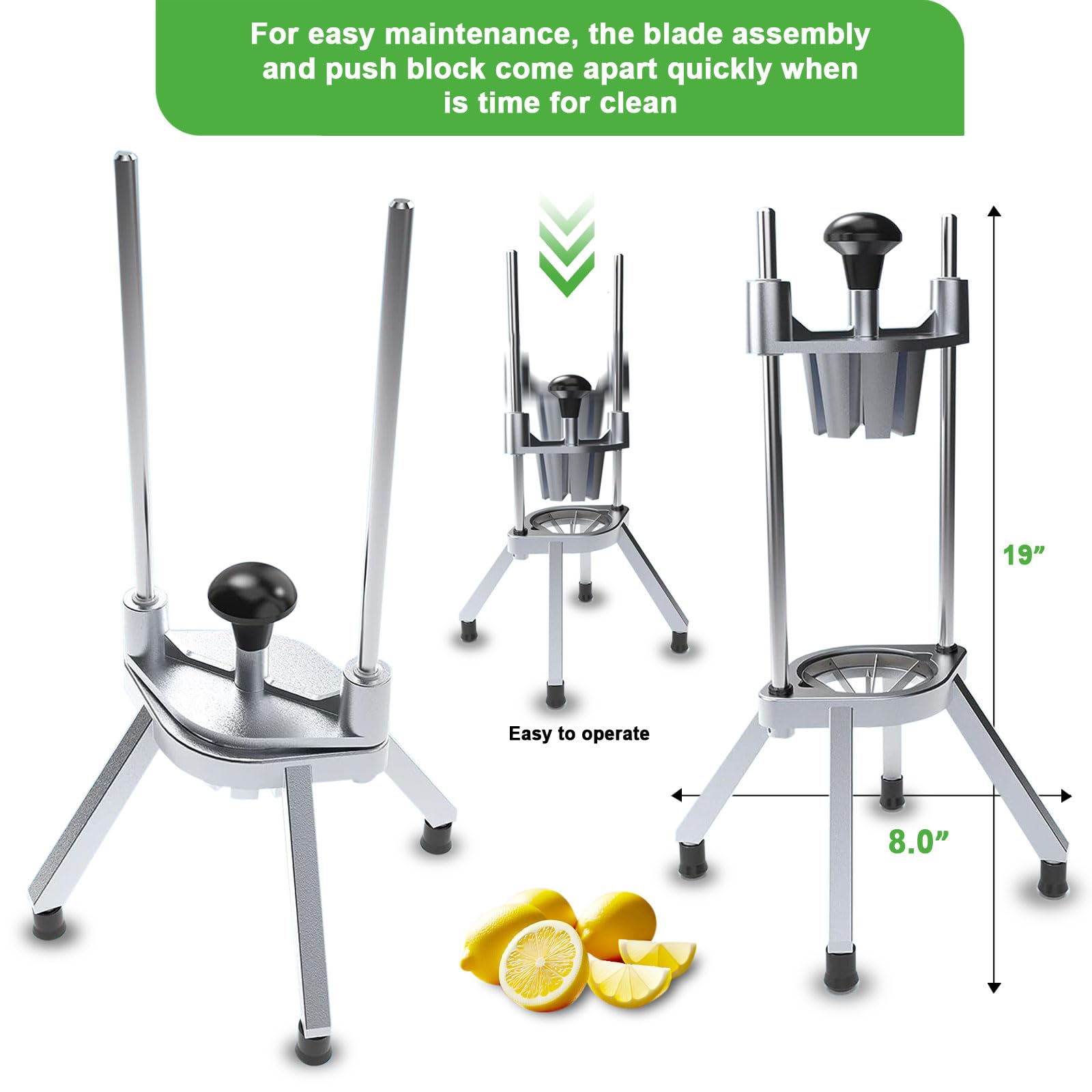 Commercial Lemon Cutter 8-Section with V-Shaped 420 Stainless Steel Blades,Easy Wedger Stainless Steel Blade Fruit Lime Slicer NSF Certified Easy-to-Use for Bar Restaurant (8-Section)