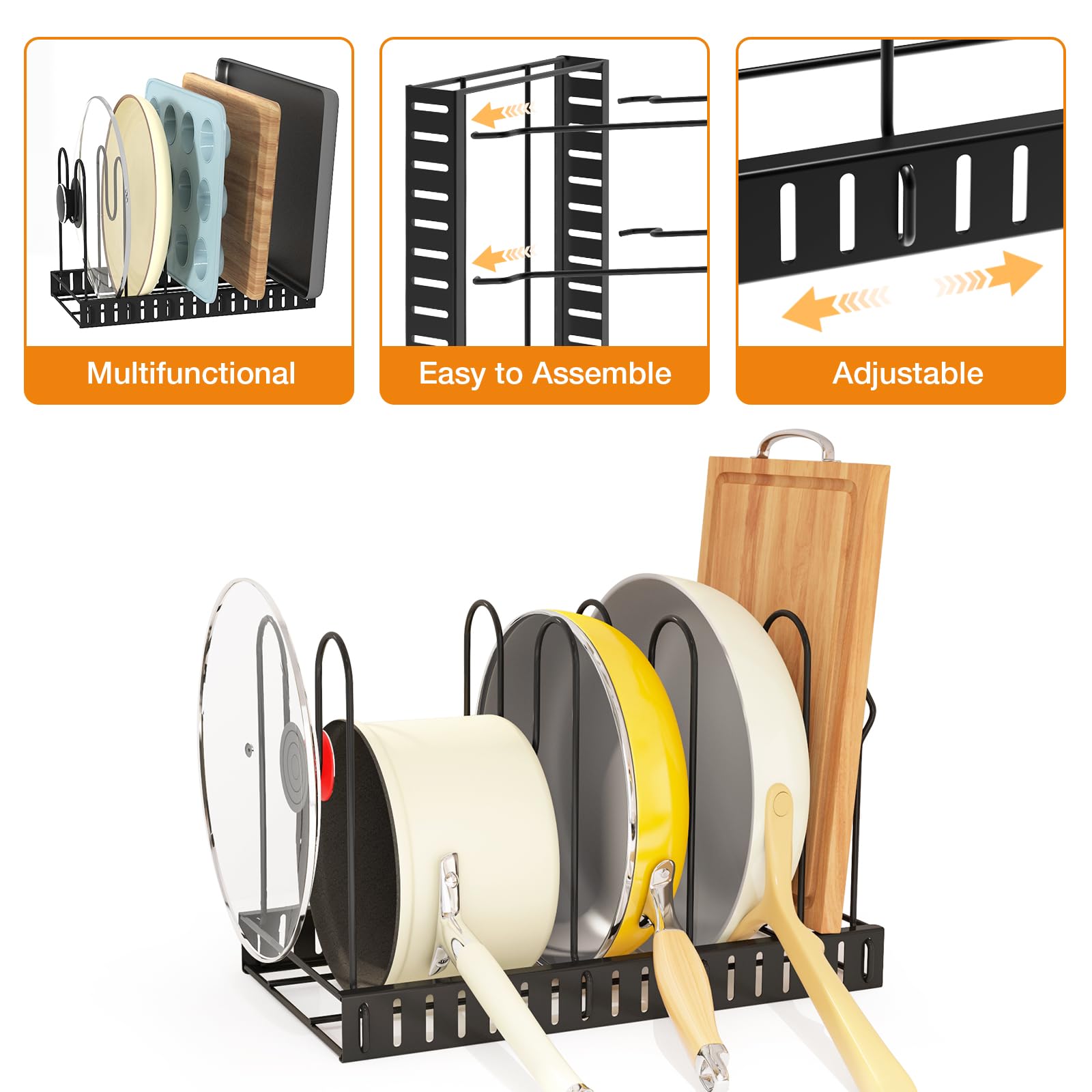bukfen Pot and Pan Organizer for Cabinet, pot organizer rack for under cabinet, One Side Pot Racks, 5 Tiers, Black