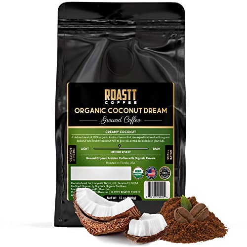 Coconut Coffee | Toasted Coconut Ground Coffee | Gourmet Medium Roast Organically Flavored Coffee Ground | Caffeinated Organic Toasted Coconut Coffee - 12 Ounce Roasted Flavored Coffee Grounds by Roastt Organic
