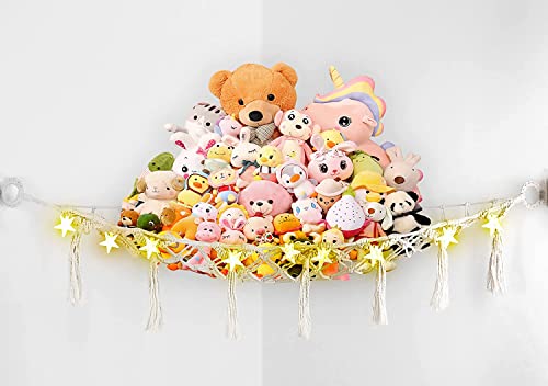 Stuffed Animal Toy Hammock Macrame With String Light Hanging,Stuffed Animal Organizer Wall Corner Toy Storage Holder Stuffed Animal Display,Bohemian Tassel style Kid Nursery living Roombedroom Decoration