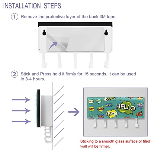 Collection of Explosion Comic Mail Holder Organizer and Key Hooks PU Front, Self Adhesive Key Rack with 5 Hooks Perfect for Entryway, Hallway,Bathroom ,Kitchen