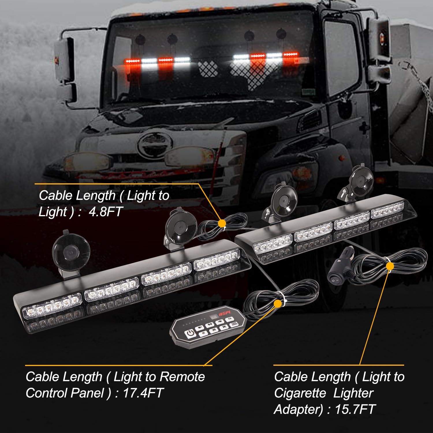 ASPL 2x16.8 inch Dash Emergency Strobe Lights with Control 48LED Flashing Warning Interior Windshield Light Bar with 4 Vacuum Suction Cups Traffic Advisor LED for Trucks Vehicles (Red/White)