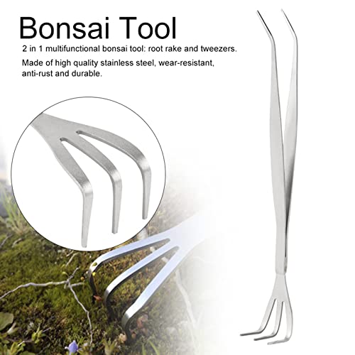Bonsai Rake,9.8in 2-in-1 Stainless Steel Root Rake 3 Prong Root Rake Loosen Soil Bonsai Tools Ergonomic Handle Tweezers for Gardening Plants