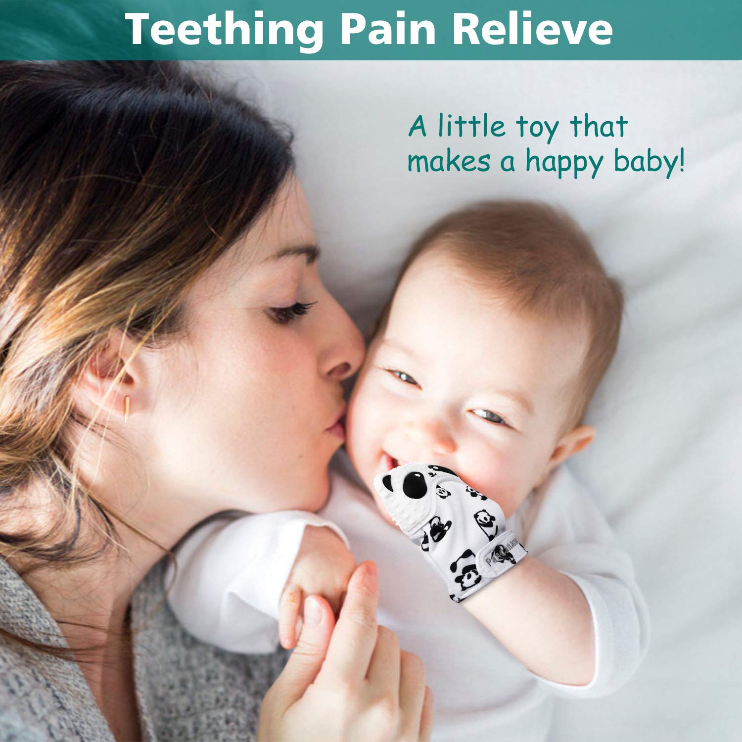 Baby Teething Mitten Panda Teether Mitten with Baby Toothbrush & Massager Teething Glove Mitt Infant Toy(2 Mittens with Toothbrush)