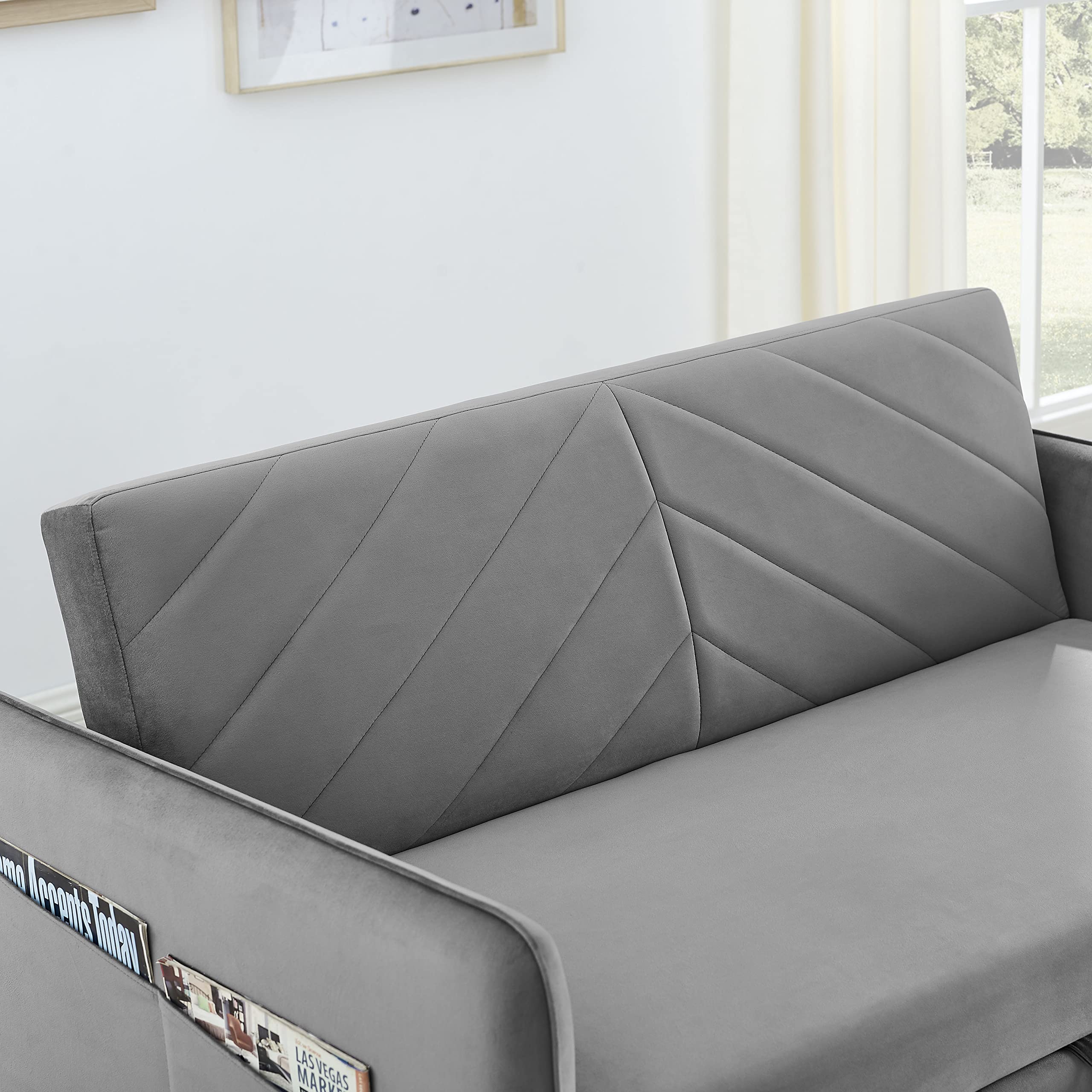 ERYE Functional 3 in 1 Sleeper Sofa Grid Backrest and USB Charging Ports,Modern Velvet Upholstered Convertible Loveseat Sofabed W/Pull Out Sleep Couch Bed & Nailhead Decor for Living Room, 55", Gray1