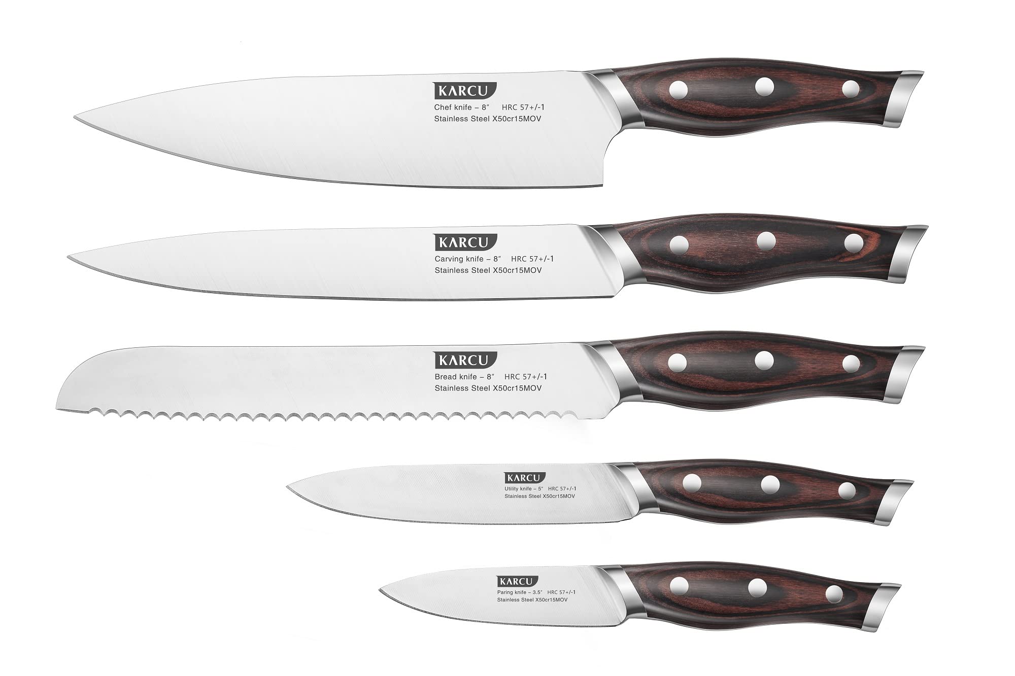 Chef Knife Set, Karcu 6-Piece Professional German Steel Kitchen Knife Block Sets, Brown