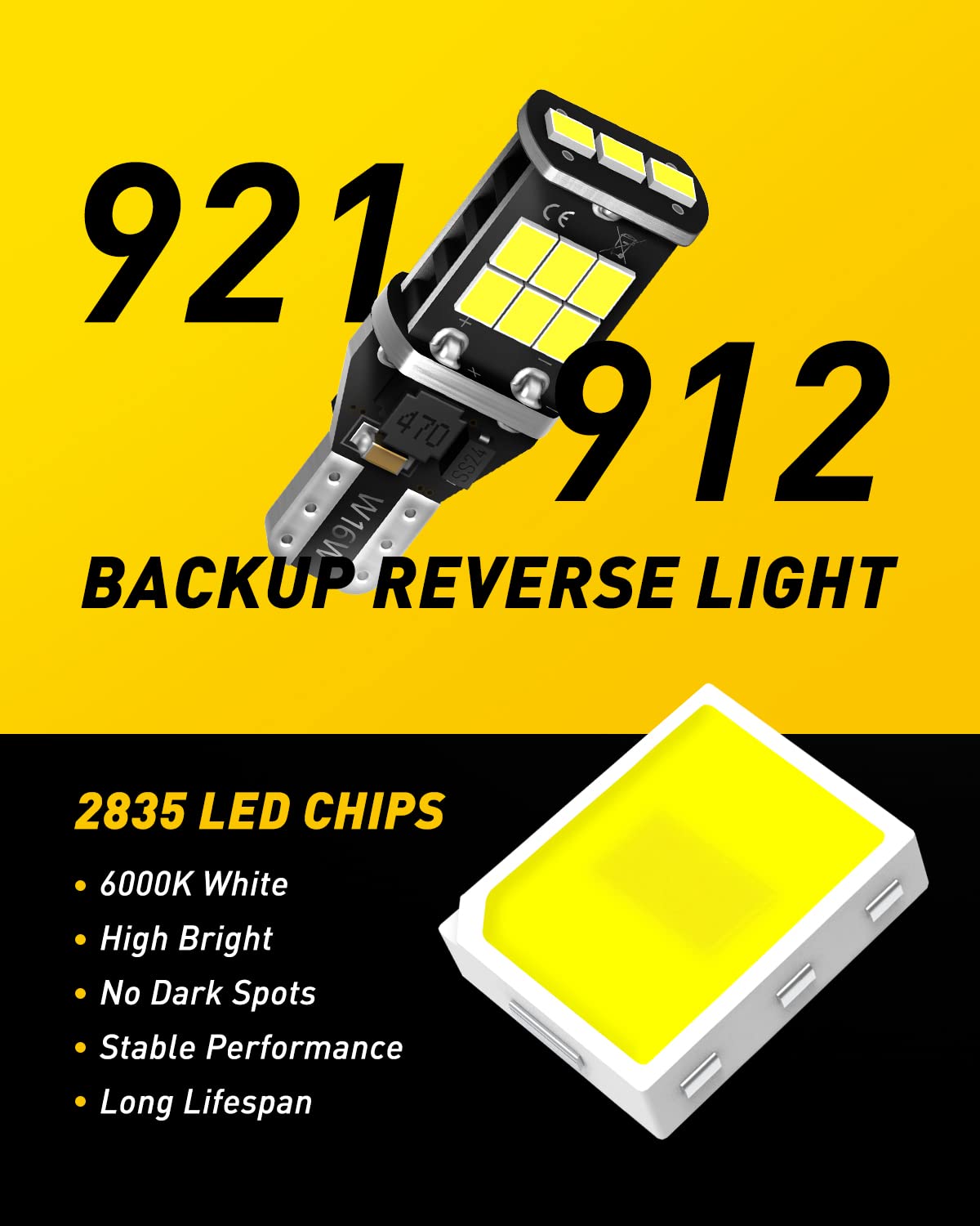 AUXITO 912 921 LED Bulb for Backup Light Reverse Lights High Power 2835 15-SMD Chipsets Error Free T15 906 922 W16W Bulbs, 6000K White (Upgraded, Pack of 2)