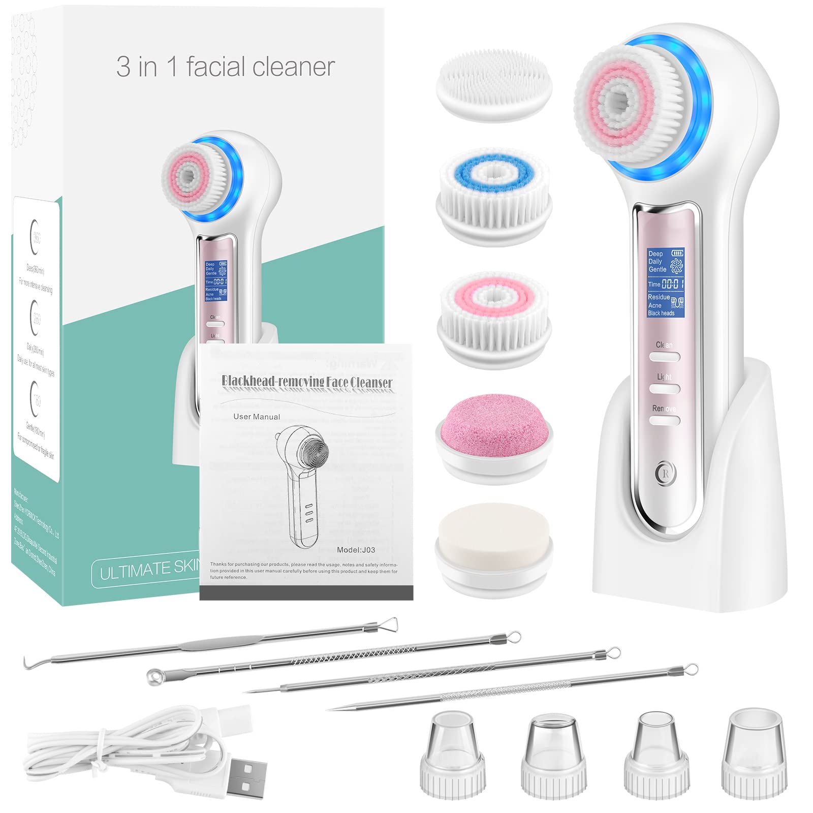 Facial Cleansing Brush Rechargeable,Blackhead Remover Vacuum Tool,IPX7 Waterproof 3 in 1 Face Scrubber for Exfoliating, Massaging and Deep Pore Cleansing