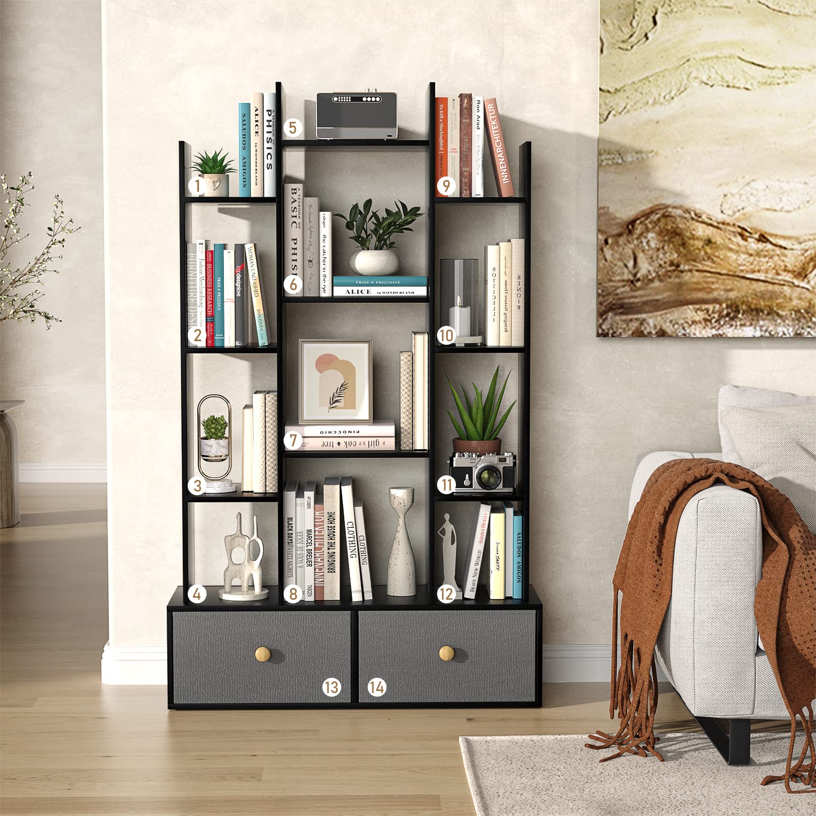 Unikito Book Shelf with 2 Drawers Free Standing Bookcase, Office Storage Shelf Organizer with 12 Open Bookshelf, Industrial Wood Book Case Display Rack for Bedroom, Living Room Home Office, Black