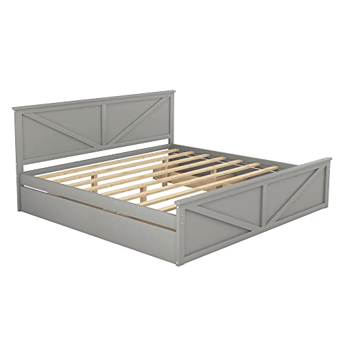 BOVZA King Size Wooden Platform Bed Frame with Headboard and 4 Storage Drawers, Wood Support Slats, No Box Spring Needed, Gray
