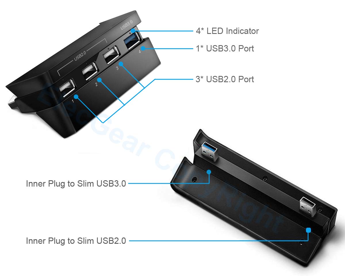 ElecGear USB Hub 3.0 for PS4 Slim, USB Extension Adapter Splitter Charging Port (1x USB3.0 and 3X USB2.0) with LED for Playstation 4 Slim CUH-2xxx