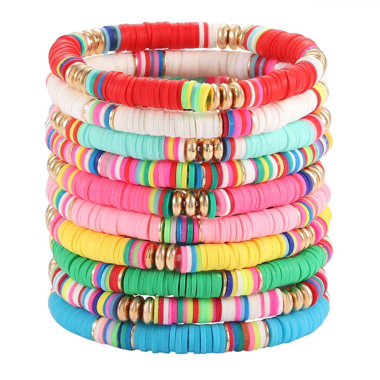 boderier Heishi Bracelets Colorful Stackable Vinyl Disc Bead Stretch Bracelet Summer Beach Surfer Bracelet for Women (10)